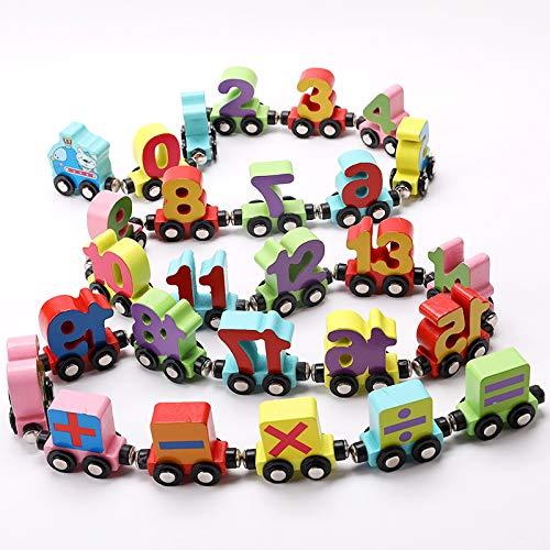 QUOXO Wooden Trackless Trains Set, Alphabets Numbers QUOXO